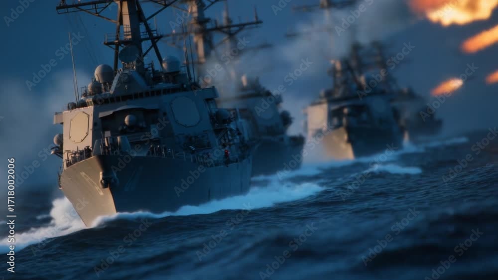 Dramatic naval display as vessels launch guided missiles, lighting up ...