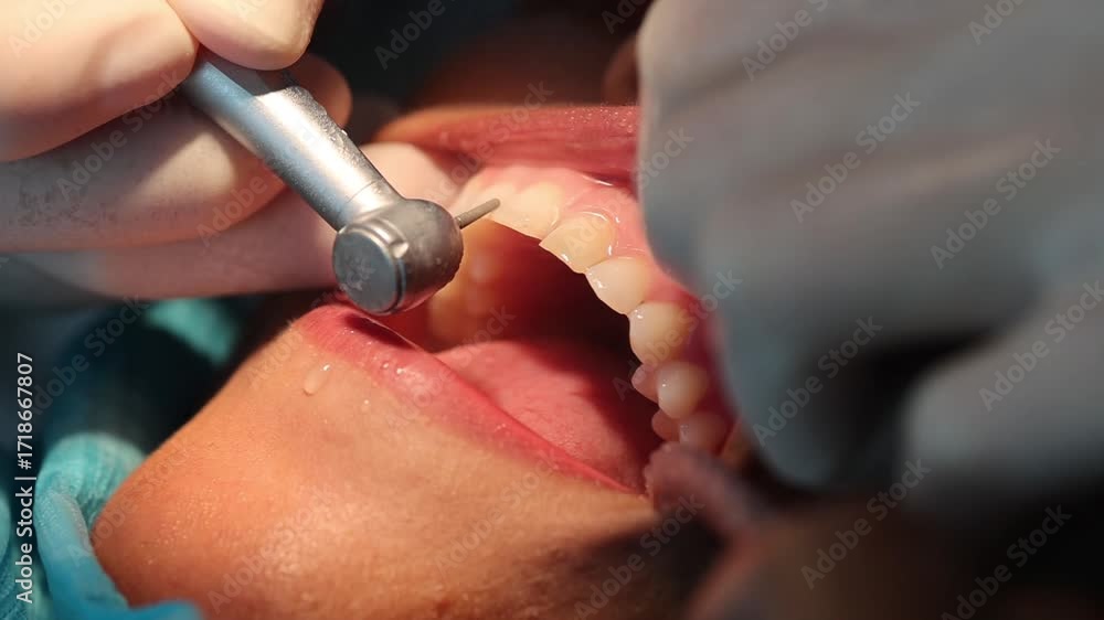 Macro view of a dentist using a rotary drill to prepare tooth surface ...