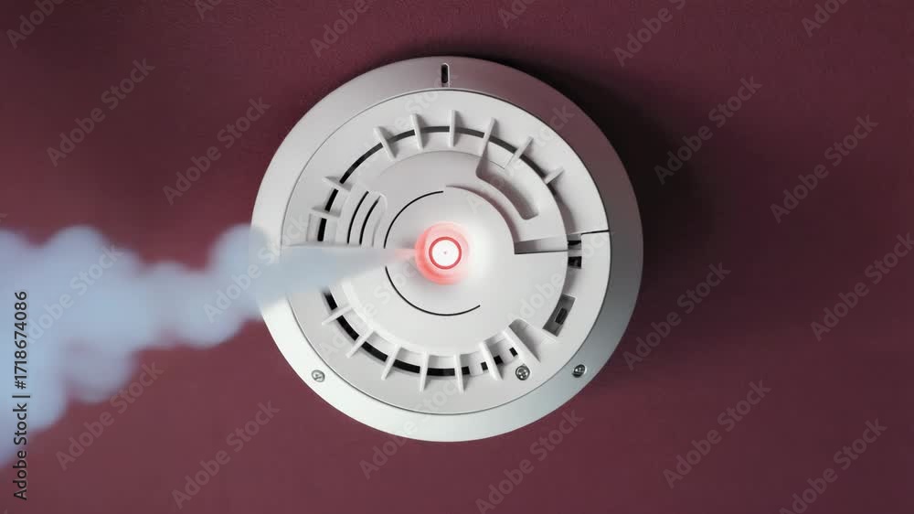 Wisps of white smoke drift from modern smoke detector device mounted on ...