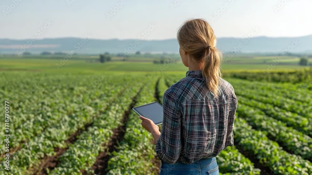 Farm Inspection: A focused individual, surveys a thriving field ...