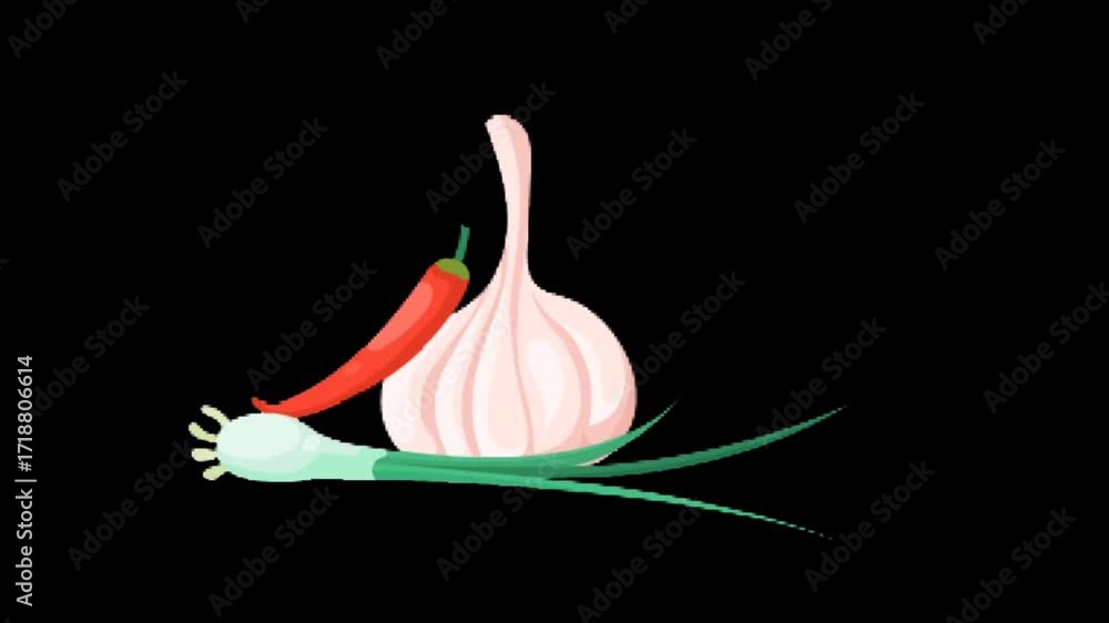 Animated garlic, chili pepper, and scallions on a transparent ...