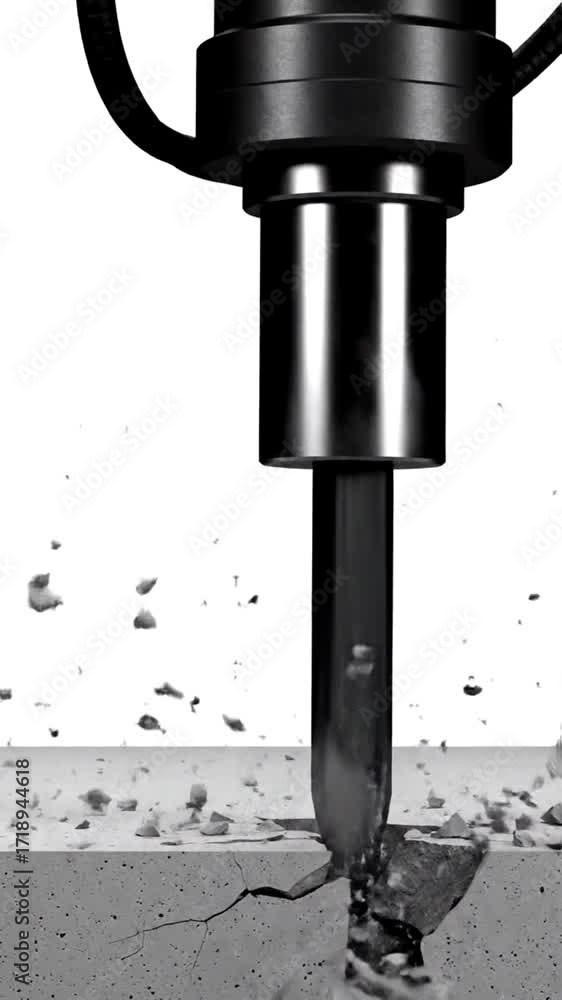 A black drill bit is impacting concrete causing it to crack and scatter ...