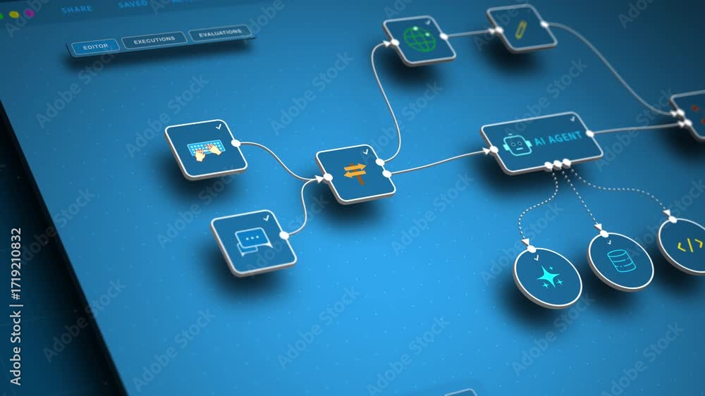 Closeup of AI automation workflow with intelligent agent connecting ...