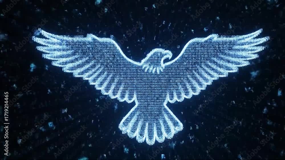 An eagle formed from blue digital numbers and binary code flies out ...