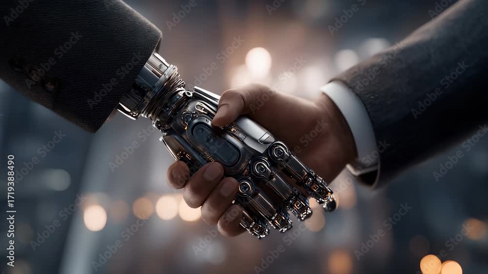 Robot and human hands in powerful shake. Technology links minds as ...