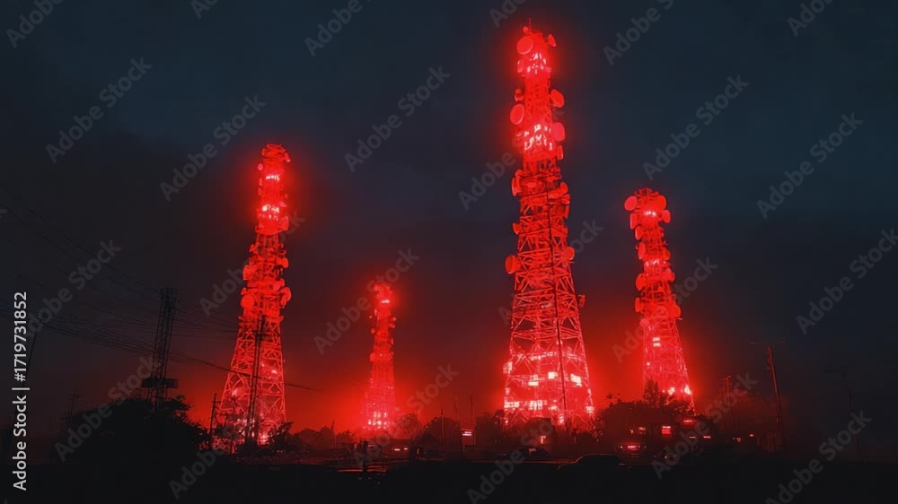 Dystopian landscape featuring several tall communication towers glowing ...