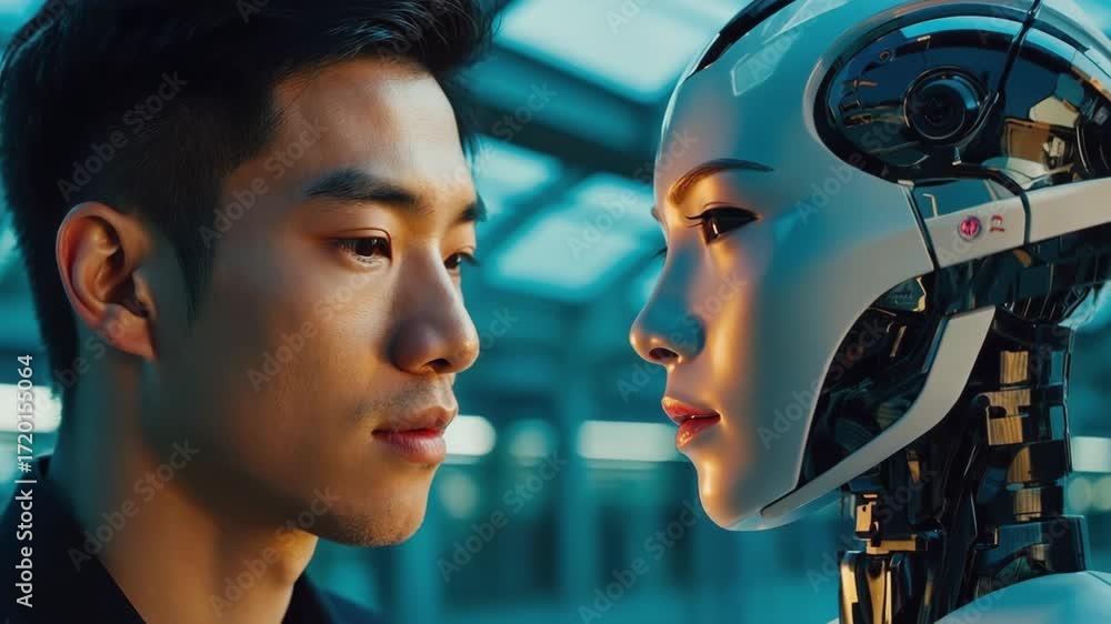 Asian man and female humanoid robot stand close, facing each other ...