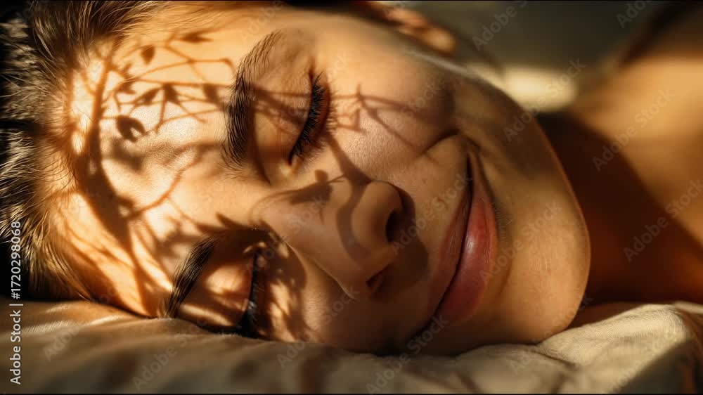 The face of a sleeping person with closed eyes is illuminated by ...