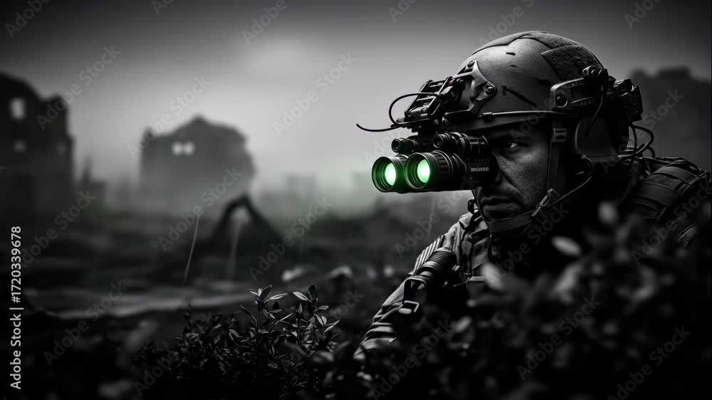 Special Forces Soldier Night Vision Surveillance - A black and white ...