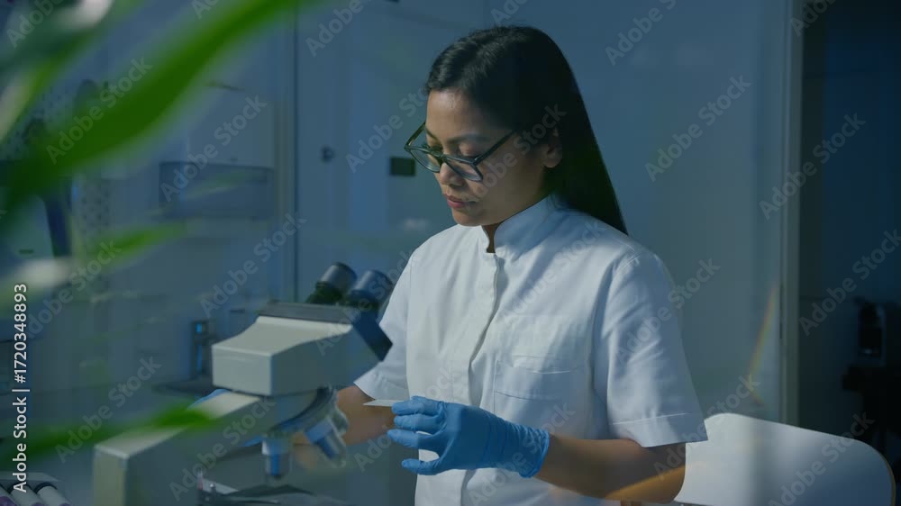 Female lab researcher pipetting a blood sample onto a slide and placing ...