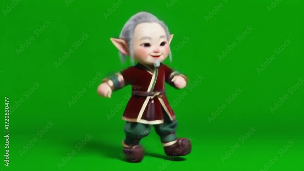 Cartoon elf with arms outstretched in front of a green screen ready for ...