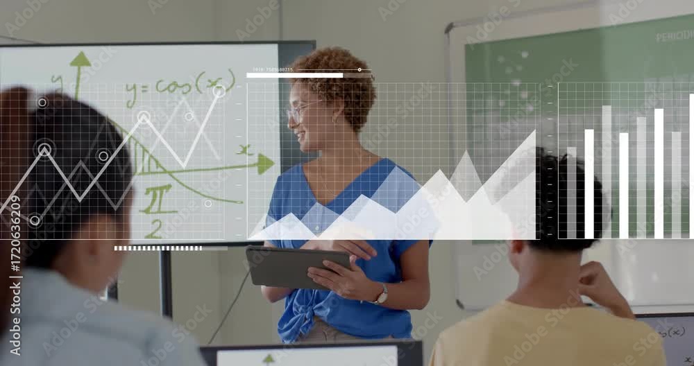 Educator tapping tablet, pointing at cosine curve, generating animated ...