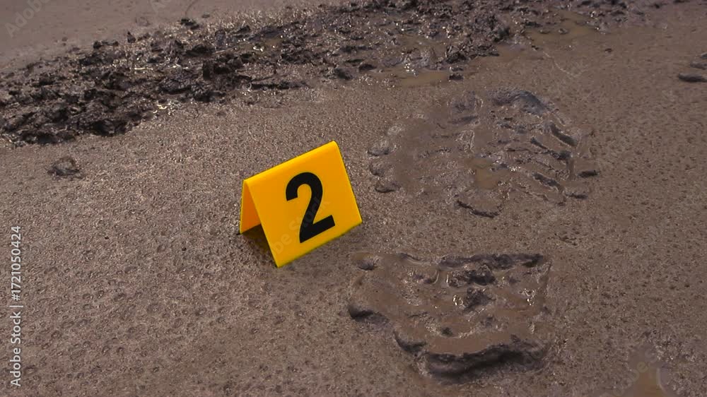 Closeup ascending view of numbered crime scene evidence marker placed ...