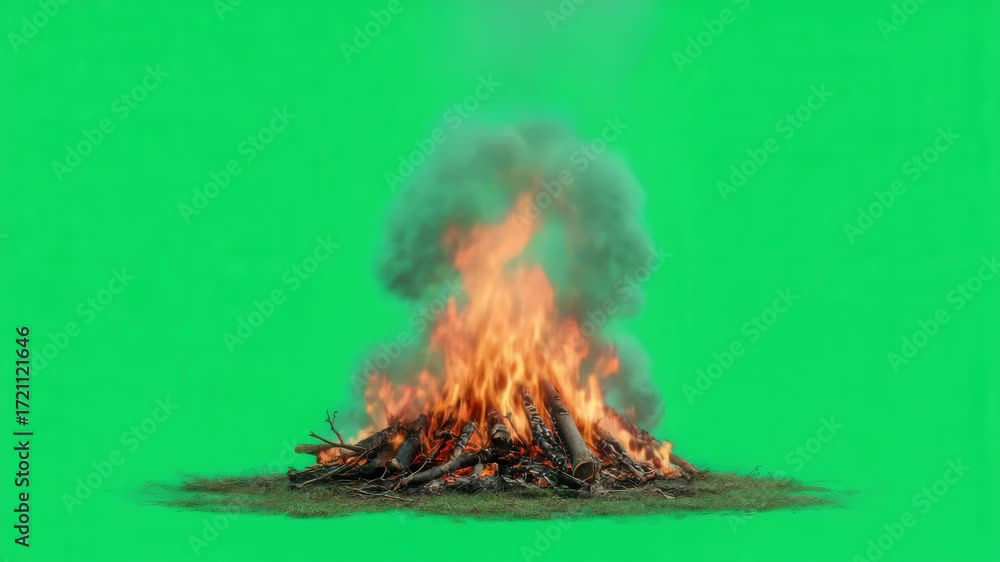 Realistic fire flames with smoke on chroma key green background for ...