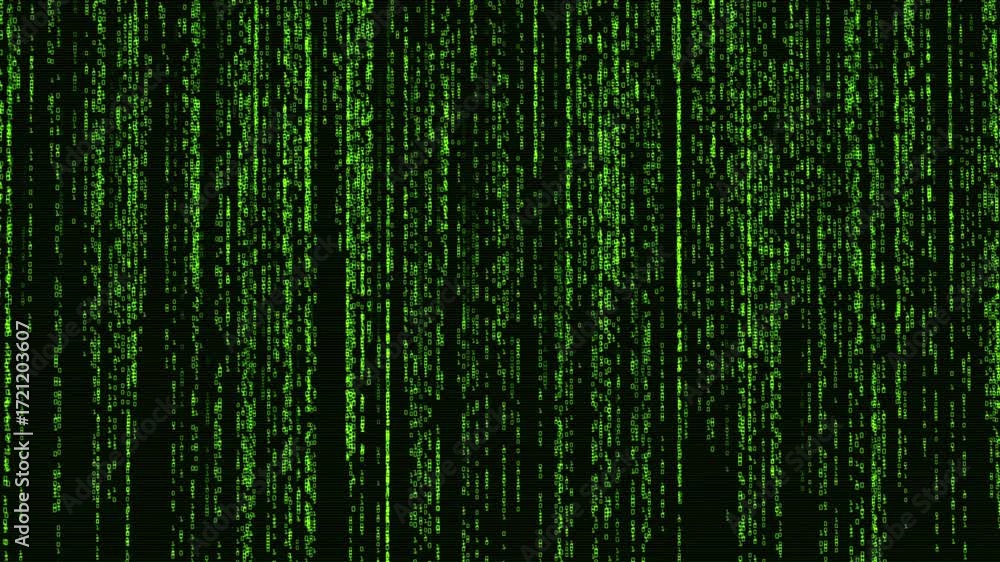 Glowing Green Binary Digits Changing randomly in a Matrix binary matrix code and a schematic ...