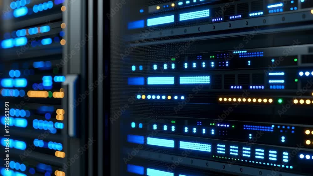 Rows of active server racks in a modern data center, illuminated by ...