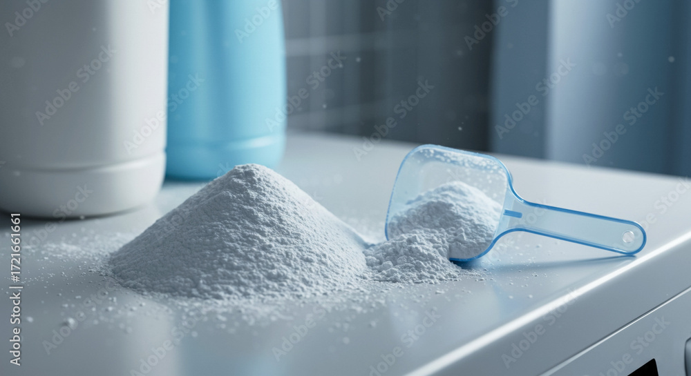 Spilled detergent on washing machine with scoop, home laundry and ...