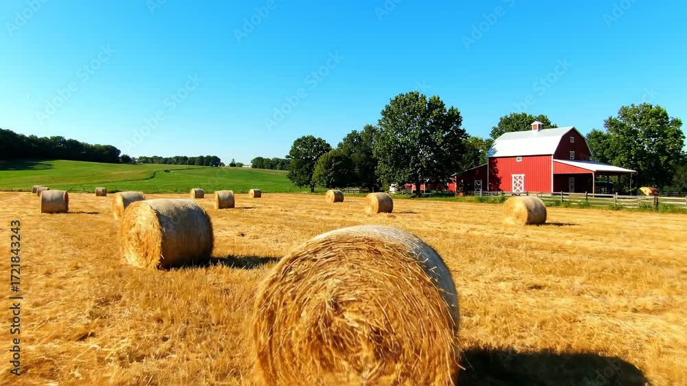 Rural Hay Bales and Red Barn - Round hay bales scattered across a ...