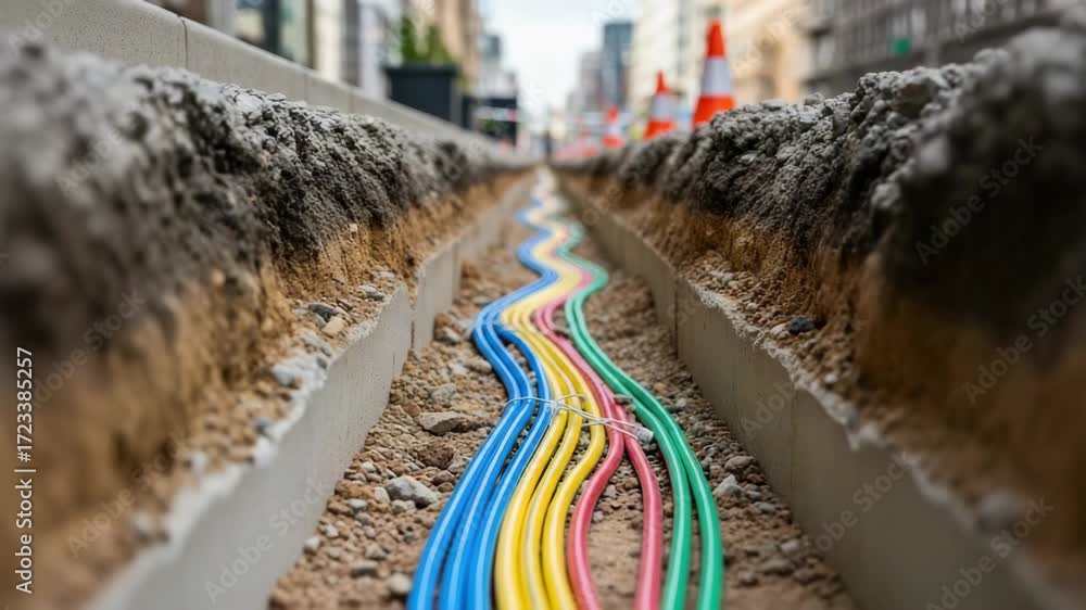 Fiber optic cables laid in trench on city street. Installing fiber ...