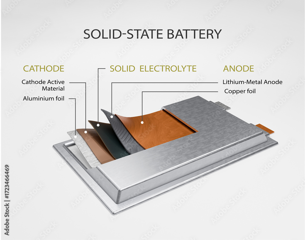 ภาพประกอบสต็อก Layered breakdown of a solid-state battery showing ...