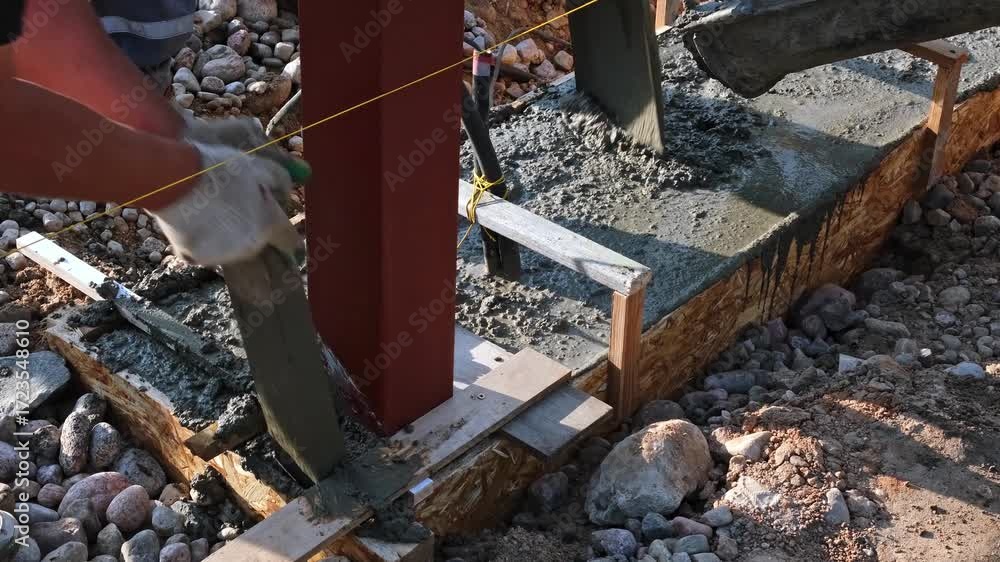 The worker is tamping a wet concrete poured from a mixer truck into a ...