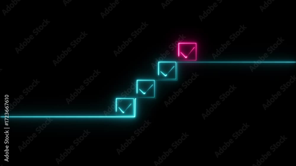 Stairs with check marks on each step. Neon cyan Checklist animation ...