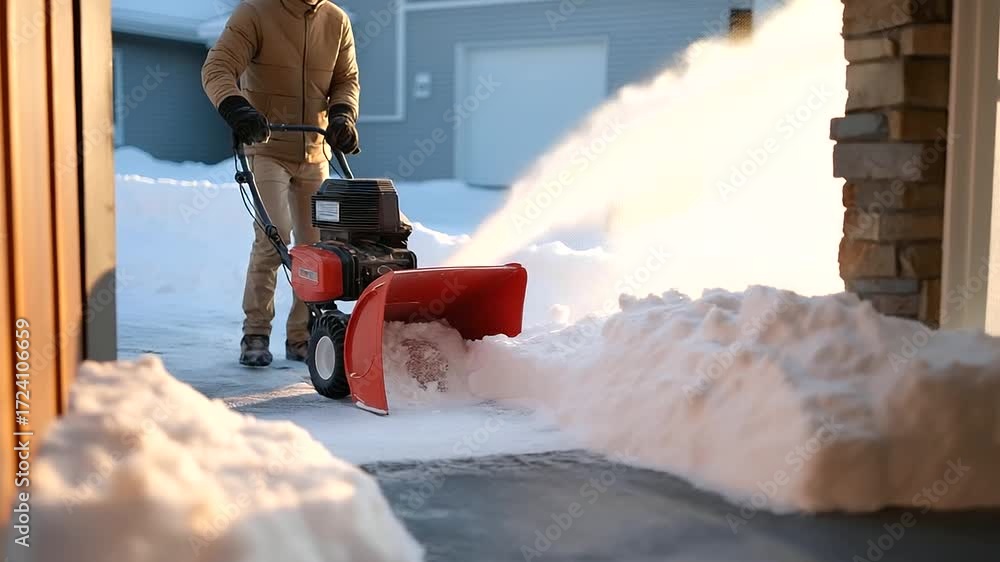 Homeowner using snowblower on driveway roaring engine powdery snow ...