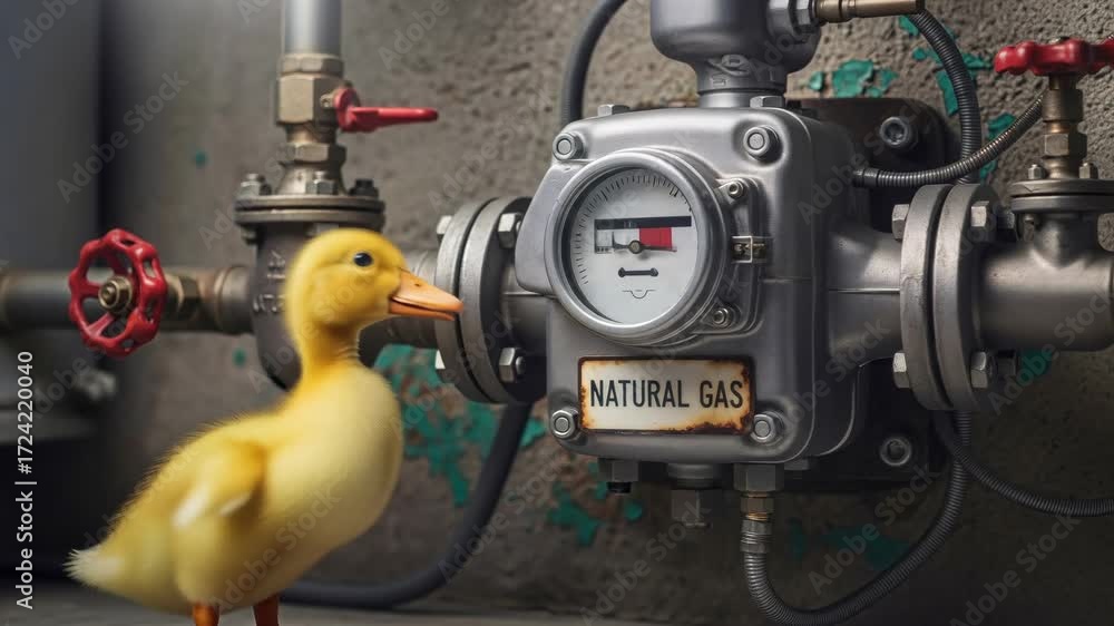 Duckling walks past a natural gas meter with pipes and red valves ...