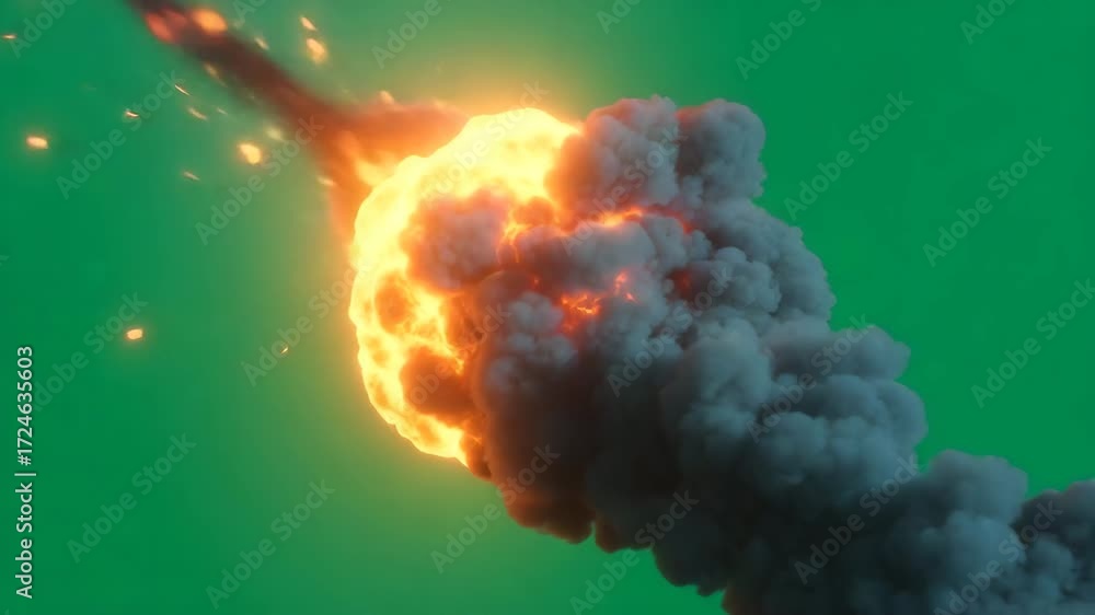 Fiery explosion with billowing smoke against vibrant green screen ...