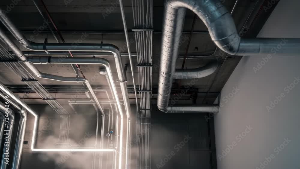 Abstract industrial ceiling with pipes and ventilation system with mist ...