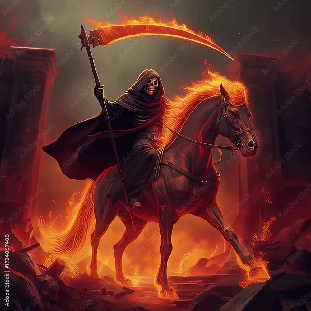 Grim reaper warrior with flaming scythe riding horse across fiery ...