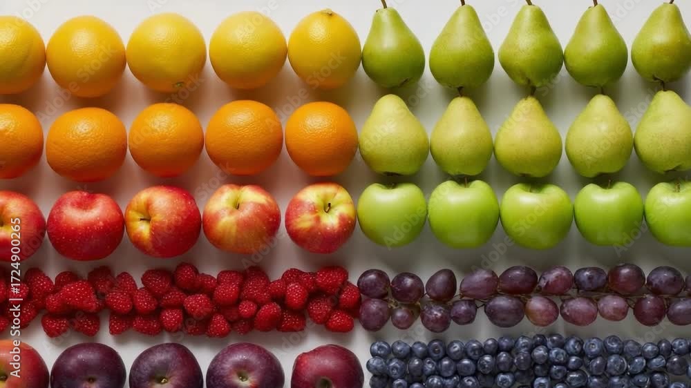 Fruits lined up by color gradient from yellow to blue: lemons, oranges ...