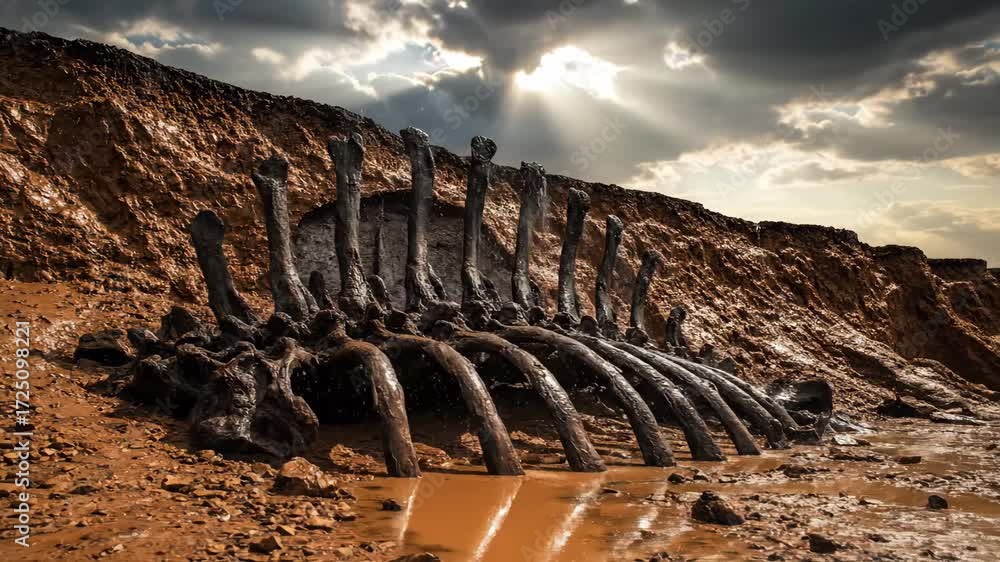 Dinosaur skeleton bones, including ribs and vertebrae, emerging from a ...