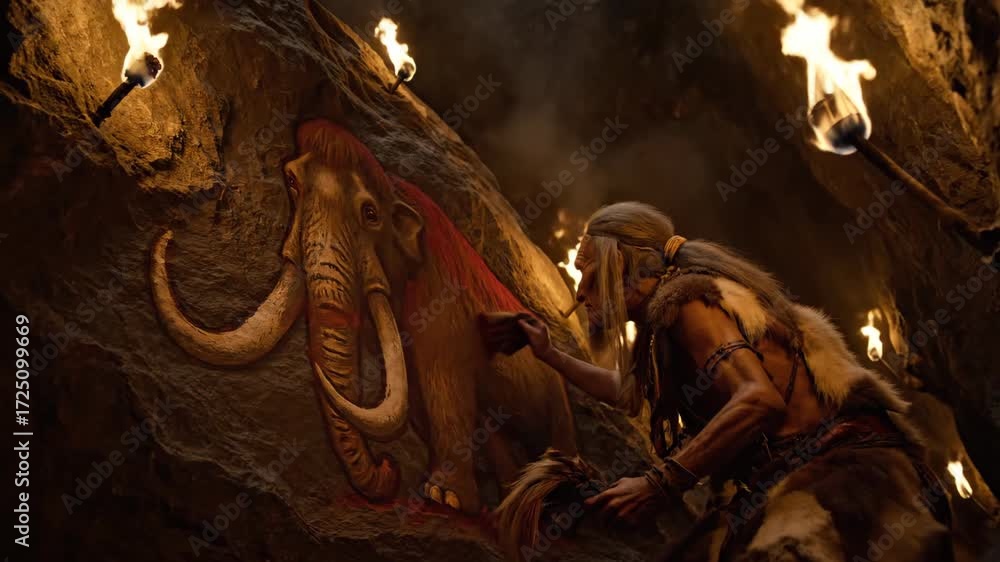 Shaman performing rituals to prehistoric mammoth carving in a dark cave ...