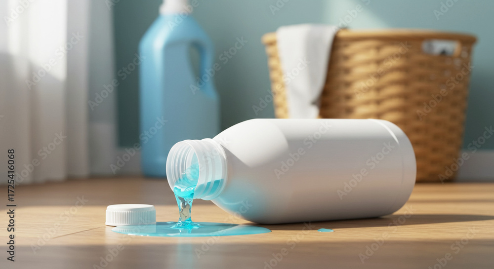 Spilled detergent on washing machine floor with open bottle, household ...