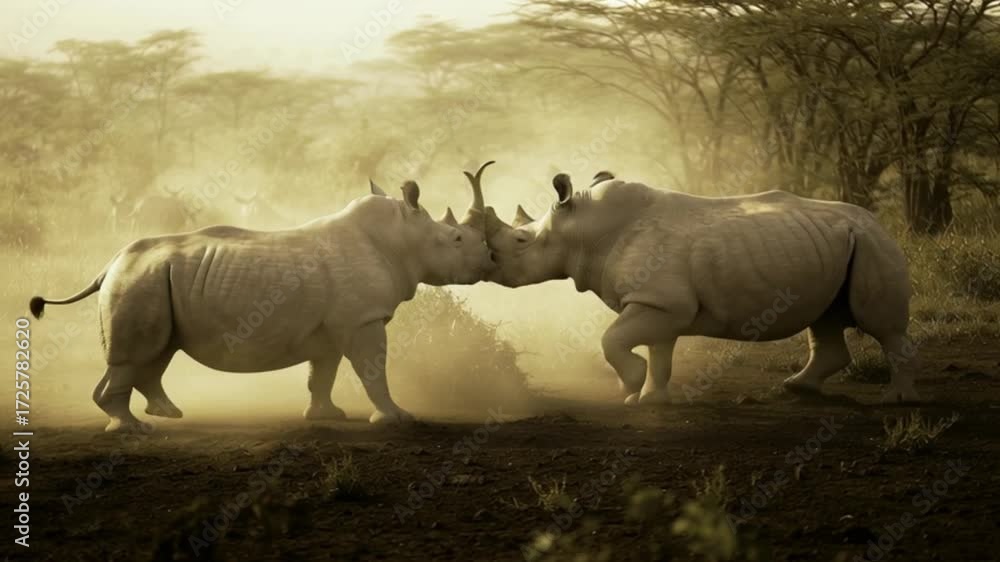 Two rhinos fighting in dusty African savannah landscape, powerful ...