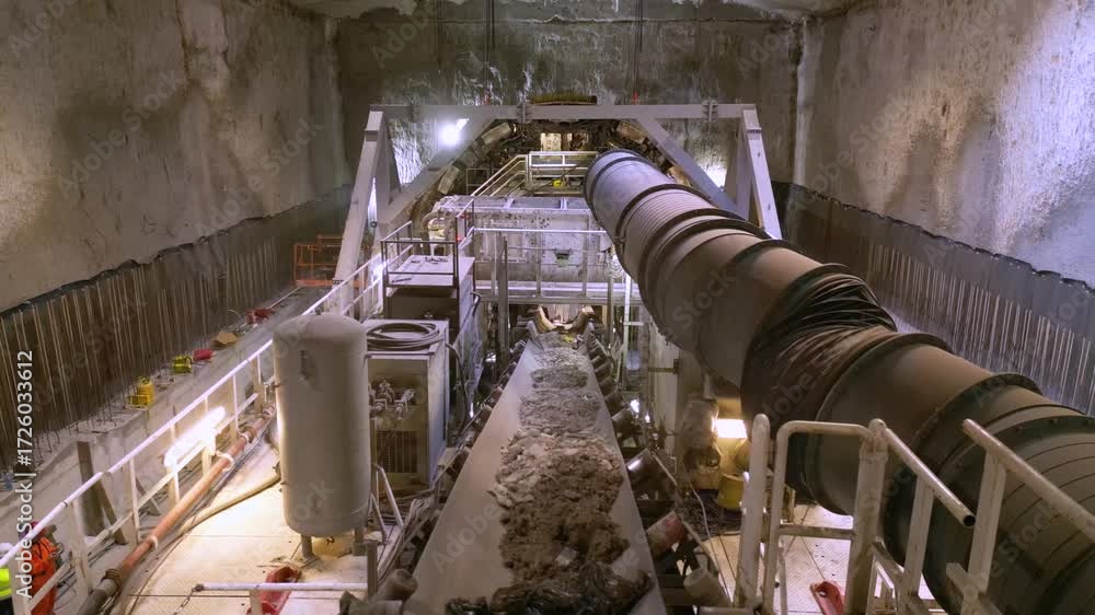 Civil engineering tunnel excavation with conveyor system carrying ...