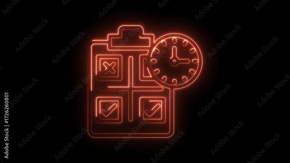 Neon schedule management with checklist and clock animation on black ...