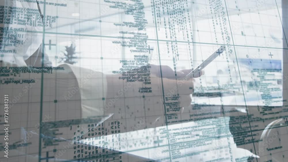 Picking up smartphone, office worker scrolling code overlay, tapping ...