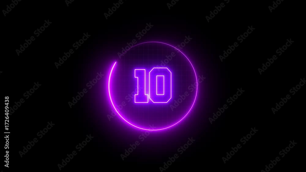 Neon sci-fi countdown timer animation from 15 to 0 seconds, glowing hud digital clock ...