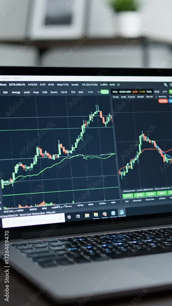 Laptop displaying financial trading chart with graphical data analysis ...