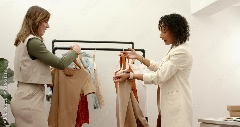 Spotting garments, diverse coworkers lifting items from rack and ...