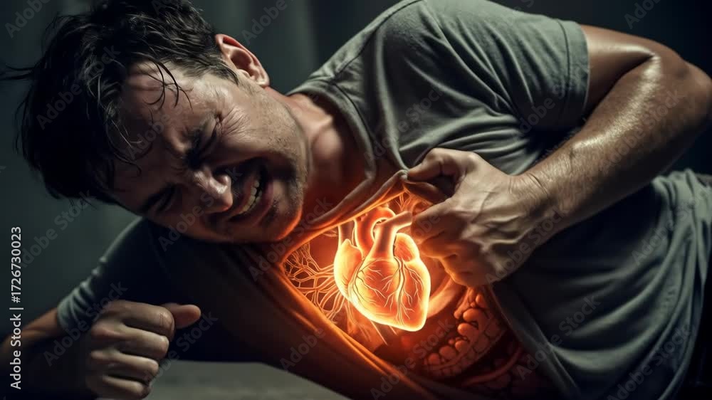Man suffering heart pain with glowing heart and visible internal organs ...
