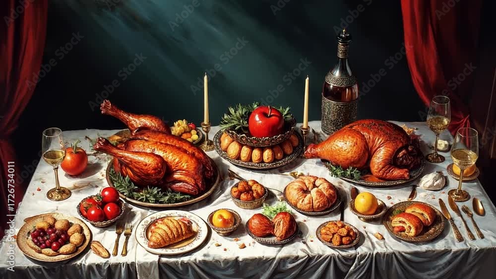 Medieval banquet table in an ancient castle by candlelight, dinner with ...