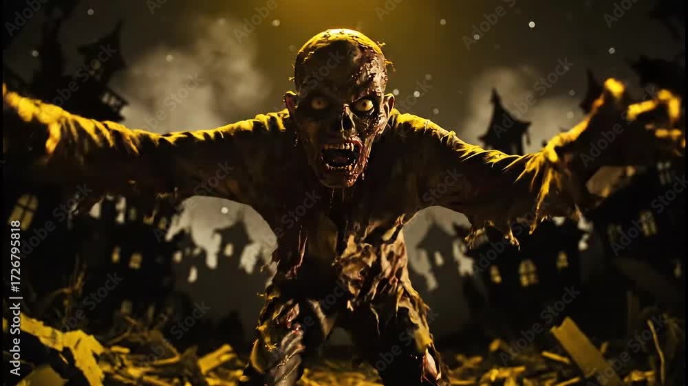 Terrifying zombie monster creeping near haunted houses in the dark ...
