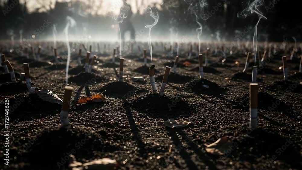 Eerie field of discarded cigarettes with rising smoke, conveying ...