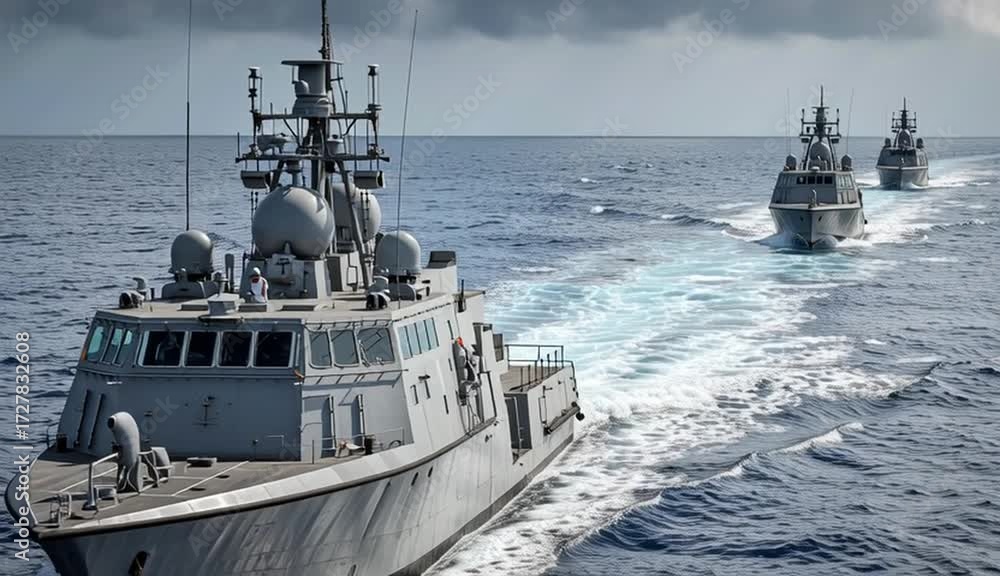 Three gray naval patrol boats in formation on calm ocean waters ...
