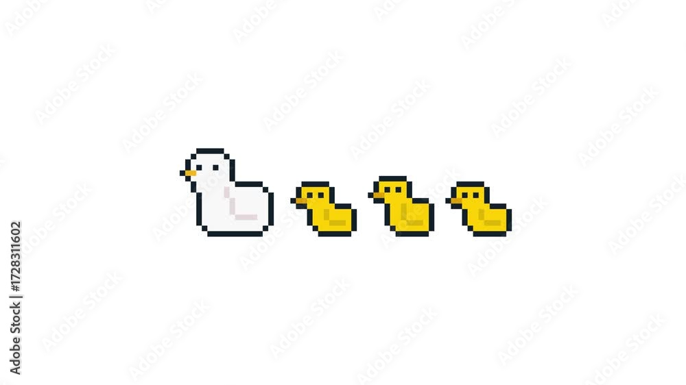 8-bit pixel art mother duck with ducklings waddle in a row. looped ...