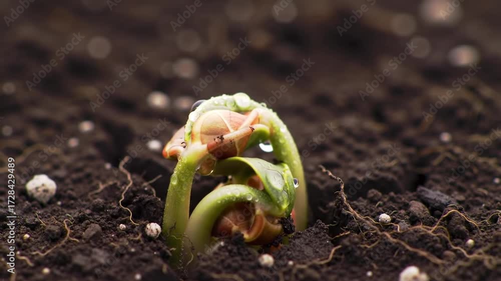 Macro Cinematic Sprouting Seed with Water Droplets Emerge from Dark ...