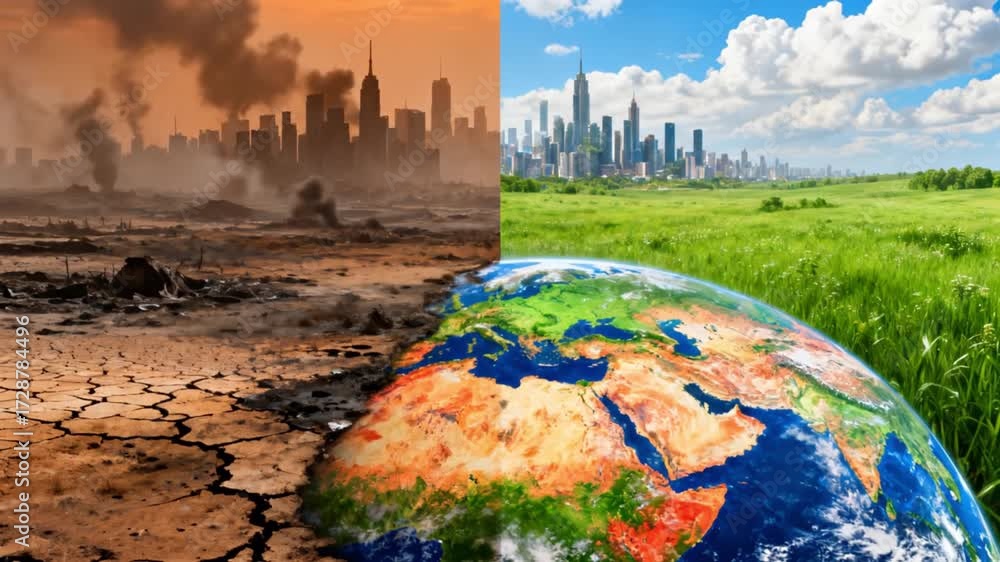 Powerful conceptual image comparing a polluted, dystopian future with a ...